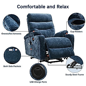Electric Power Lift Recliner Chair, Vibration Massage Heated Chair for Elderly, Fabric Single Chair with 2 Side Pockets, Lounge Chair with 2 Cup Holders,1 USB Charge Port for Living Room