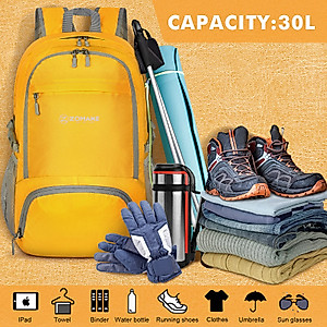 ZOMAKE Lightweight Packable Backpack 30L - Foldable Hiking Backpacks Water Resistant Compact Folding Daypack for Travel(Yellow)