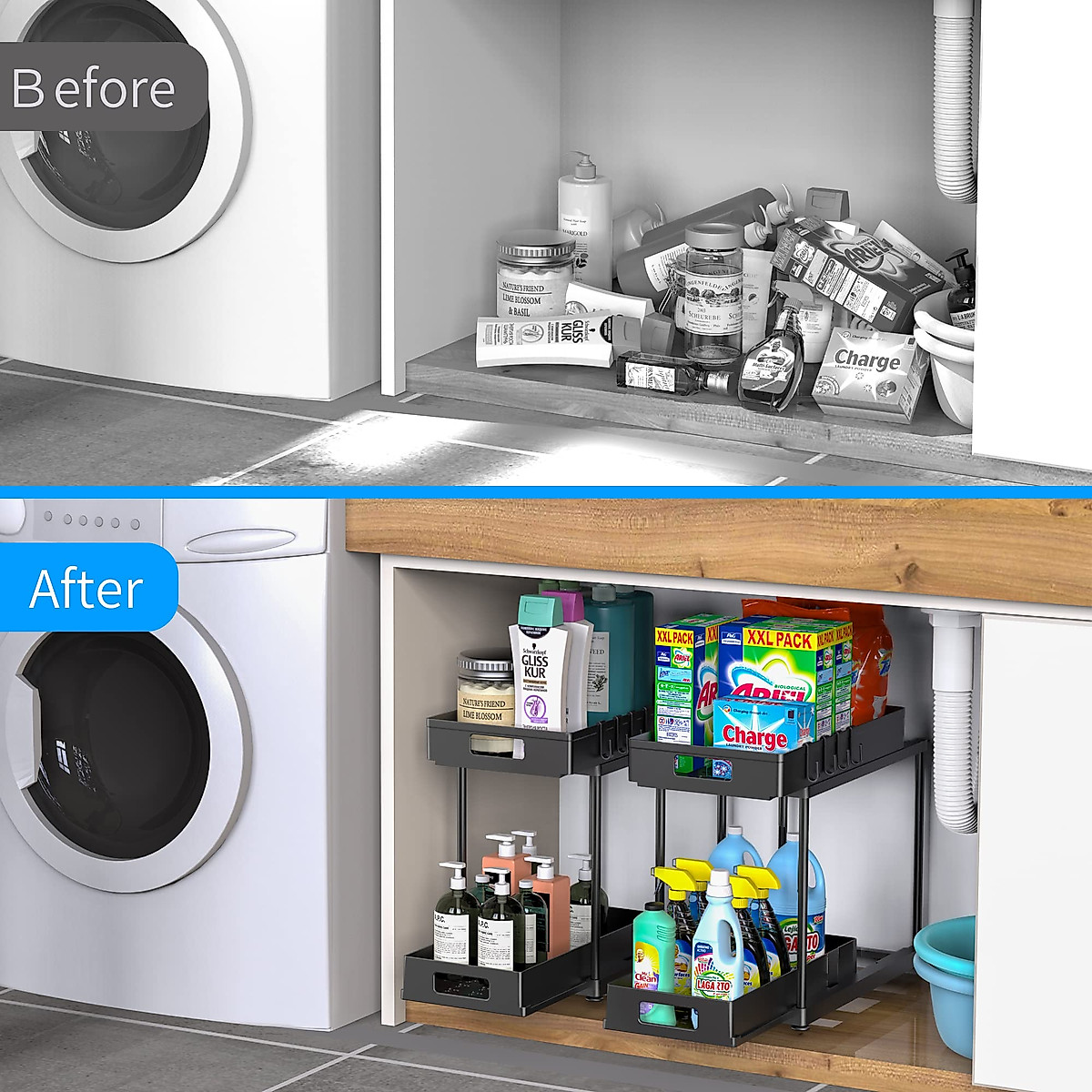Under Sink Organizers and Storage, 2 Pack Pull-out Large Capacity Under Bathroom and Kitchen Cabinet Storage Drawer Organizer with Hooks, Multi-purpose Heavy Load Under Sink Shelf Organizer, Black