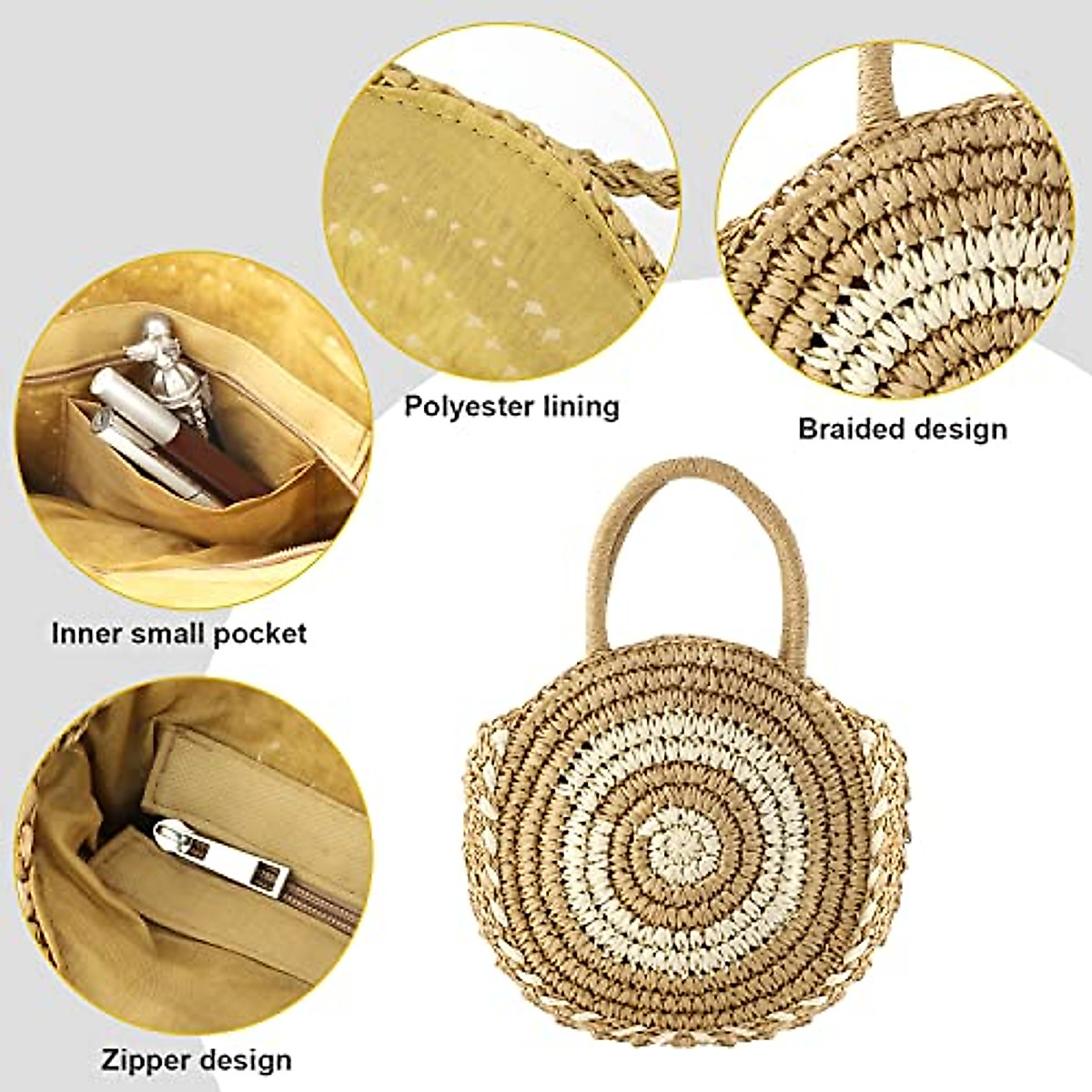 Straw Beach Bag, Stylish Beach Tote Bag Woven Straw Bag Vintage Zipper Straw Tote with Large Capacity, Zipper Beach Tote Handbag Shoulder Bag for Women Summer Beach Pool Party