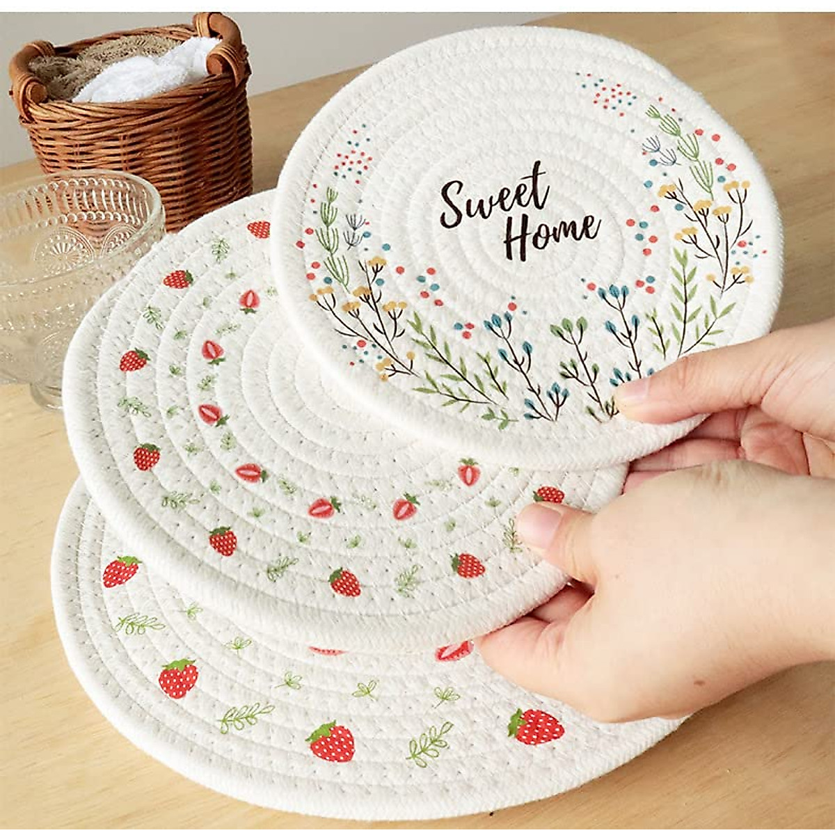 Aertai 3 Pieces Kitchen Pot Holders Set 100% Cotton Thread Weave, Trivet for Hot Pots and Pans, Hot Pads and Spoon Rest for Cooking and Baking by Diameter 7 Inches (Strawberry)