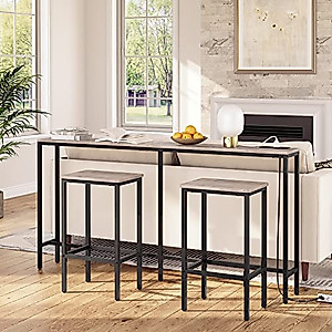 ALLOSWELL Console Table with Power Outlet, 63" Narrow Sofa Table and Bar Stools Set, Rectangular Industrial Bar Chairs, CTHG16E01-BAHG0101