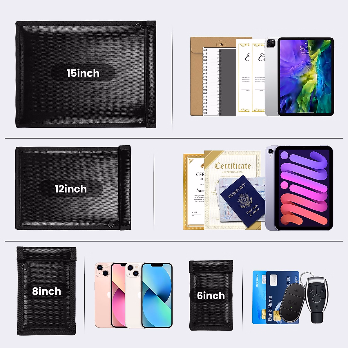 OFASIZEN Faraday Bags, Anti-Tracking Faraday Cage, Set of 4 Sizes for Laptops, Tablets, Phones and Car Keys, RFID Signal Blocker Pouch, Fireproof & Waterproof (Black)