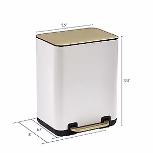 SunnyPoint 6 Liter / 1.58 Gallon Trash Can with Plastic Inner Buckets; Rectangle Bathroom, Office, Kitchen, and Bedroom Step On and Slow Close (WHT+Gold)