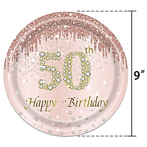 Rose Gold Birthday Party Supplies,Disposable Party Tableware Sets - 50 Years Paper Plates,Napkins,Forks ,Knives,Tablecloths,50th Birthday Decorations for Women,Service 24 Guests
