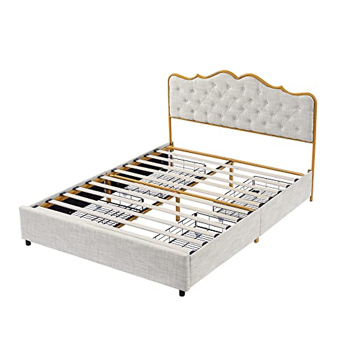 Maxzzz Queen Size Bed Frame with Four Storage Drawers & Upholstered Headboard - Elegant Golden Paint Finish, Sturdy Metal & Solid Wood Construction, No Box Spring Needed, Light Gray