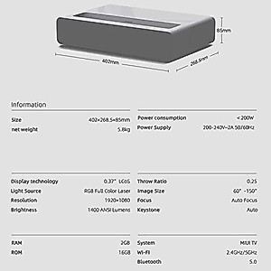 Kaya Projector, Xiao-Mi LCoS Home Projector XMJGYY01YS | Ultra Short Throw | ALPD 1400 ANSI Lumens | Amlogic T982 2GB 16GB | Android Home Cinema Projector - English Support