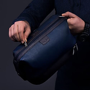 Vetell Leo Large Leather Men's Travel Toiletry and Shaving Case Bag with Upper and Lower Zippered Compartments, 3 Interior Loops and Carrying Handles