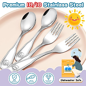 Toddler-Utensils-Kids-Silverware-Set, 8 PCS 18/10 Stainless Steel Toddler Forks and Spoons, Round Edges Children Cutlery Set with Dog & Cat Pattern, Non-slip Fork, Mirror Polished, Dishwasher Safe