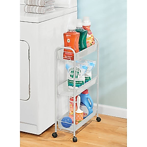 mDesign Steel Rolling Utility Cart Storage Organizer Trolley with 3 Basket Shelves for Laundry Room, Mudroom, Garage, Bathroom Organization - Holds Detergents, Hand Soap - Biro Collection, Light Gray