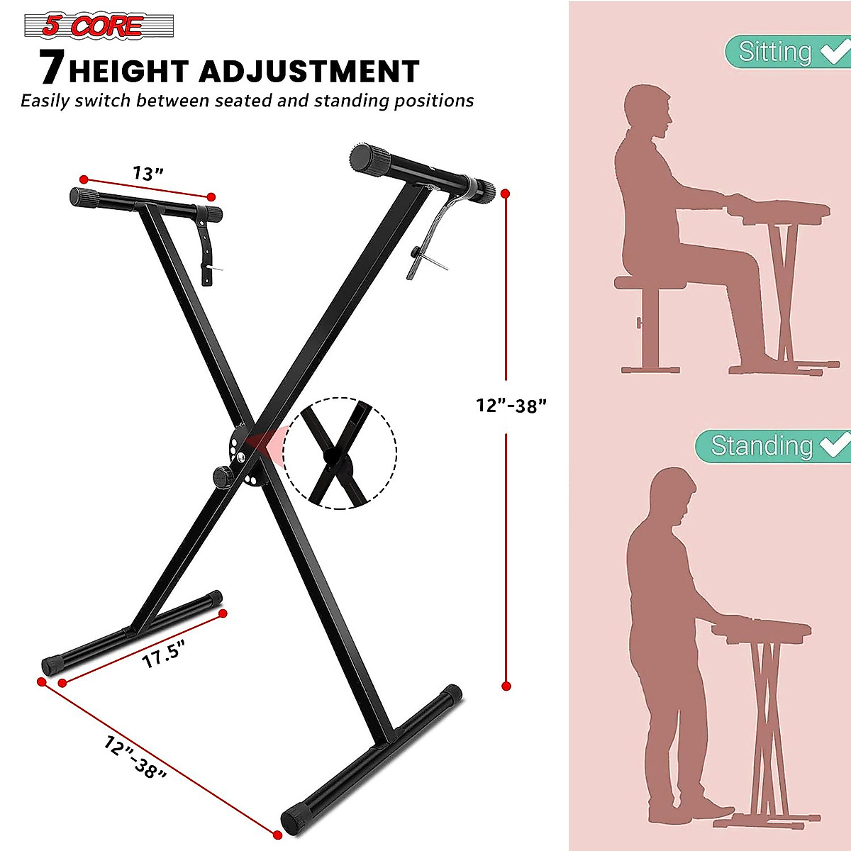 5 CORE Keyboard Stand Single X Style Adjustable Digital Electric Piano Riser Durable & Sturdy Music Synthesizer Holder Stands - 61 76 88 Keys KS1XBLK