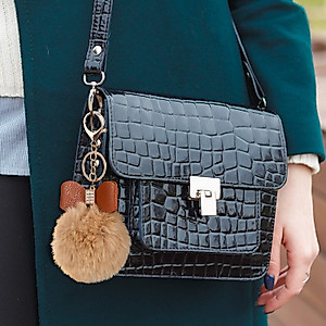 Hicarer 12 Pieces Fluffy Pom Pom Keychain Bulk Bow Rhinestone Faux Pompoms Keyring for Women Bags Craft, 12 Colors(Pastel Colors)