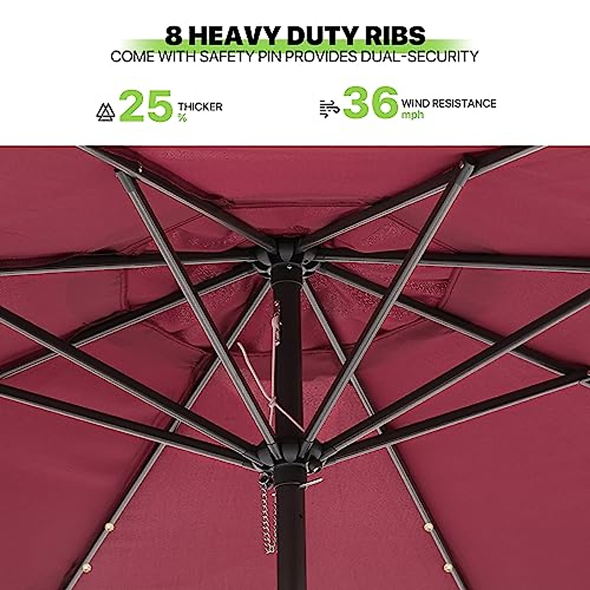 Magshion 9FT Solar Patio Umbrella with 32 LED Lights, Outdoor Market Umbrella with 8 Steel Ribs & Crank Lift, Windproof Sunshade for Garden, Deck, Backyard & Pool (Burgundy)