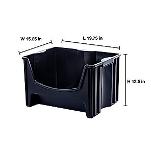 Mighty Tuff Jumbo Stackable Storage Bins, Pack of 3, Easy-Access Storage, Large Easy-To-Grip Handles, Wide Front Opening, Interlocking, Stack Vertically, Black