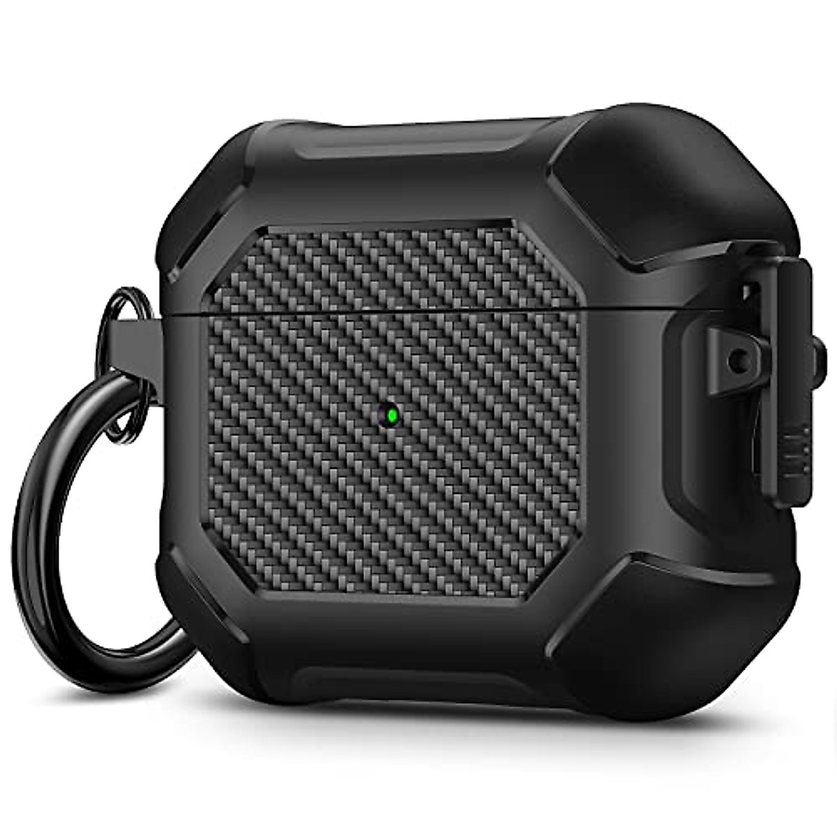 Maxjoy for for Airpods 3rd Generation Case, Carbon Fiber Secure Lock Clip Full Body Shockproof Hard Shell Protective Apple for Airpods 3 Case Cover with Keychain for AirPod 3rd Gen 2021 for Men, Black