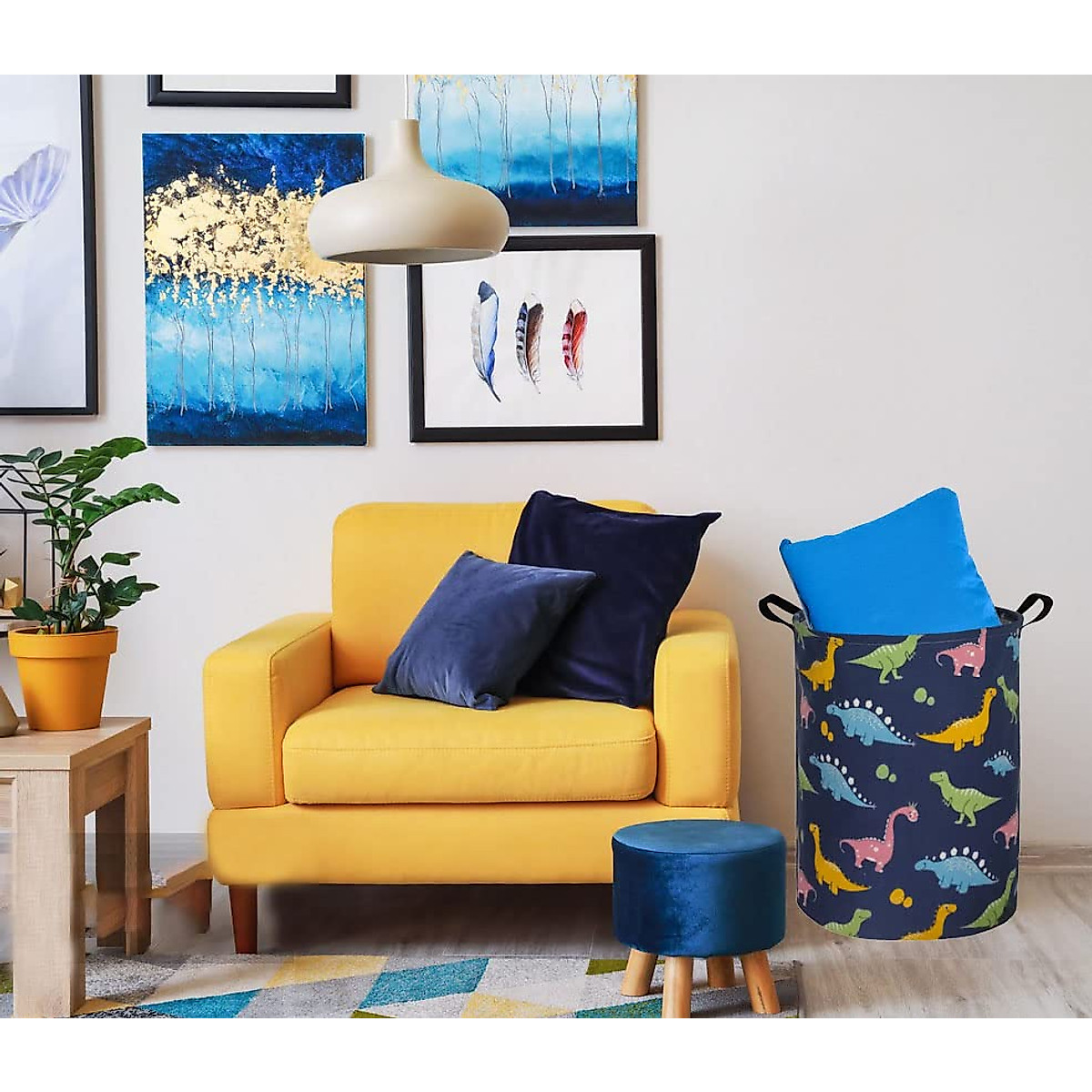 ESSME Kids Dinosaur Laundry Basket Dinosaur Storage Bin Collapsible Canvas Waterproof Coating Boys hamper for Toy Bins,Baby hamper,Boys Room Decor(Navy Blue dinosaur)