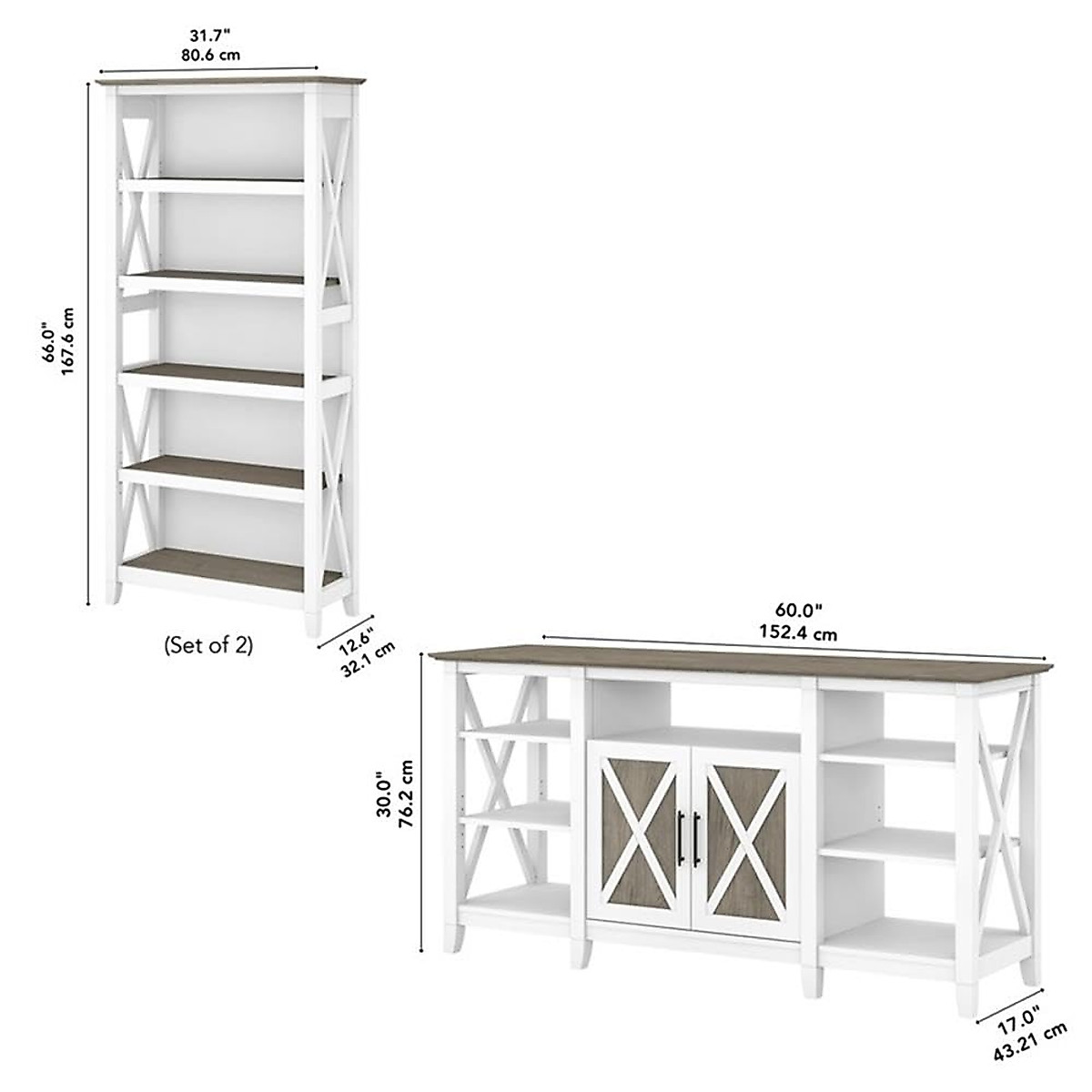 Bush Furniture Key West Tall TV Stand with Set of 2 Bookcases in Pure White and Shiplap Gray, Farmhouse Entertainment Center for 65 Inch Television