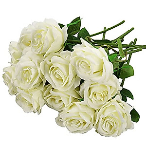 Felice Arts 12 Pack White Artificial Roses Flowers with Stems Silk Rose Bouquet for Wedding Vase Table Centerpiece DIY Gift Decor