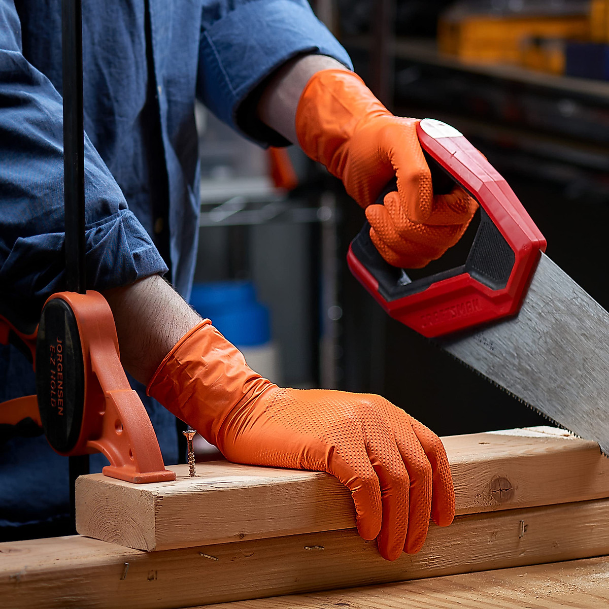 Comfy Package Large Orange Nitrile Heavy-Duty Gloves, Diamond Texture, Waterproof & Latex Free