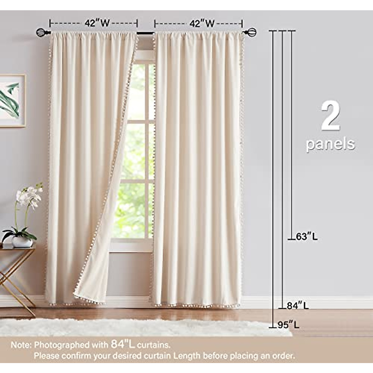 Pom-Pom Cream Velvet Curtain 84inches Long Window Drapes for Living Room Cotton Feel Soft Ivory Window Curtains for Bedroom Hotel Guest Room 42" W 2Panels