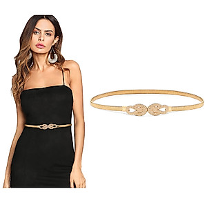 LEACOOLKEY Women Metal Skinny Belt for Dress Gold Elastic Thin Waist Belt Stretch Dress Belt