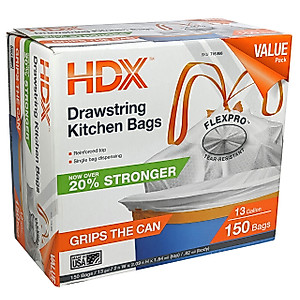 HDX 716866 13-Gallon Drawstring .9 Mil Tear Resistant Expandable Kitchen Trash Bag w/ Dispensing Container (150 Count) [Packaging May Vary]