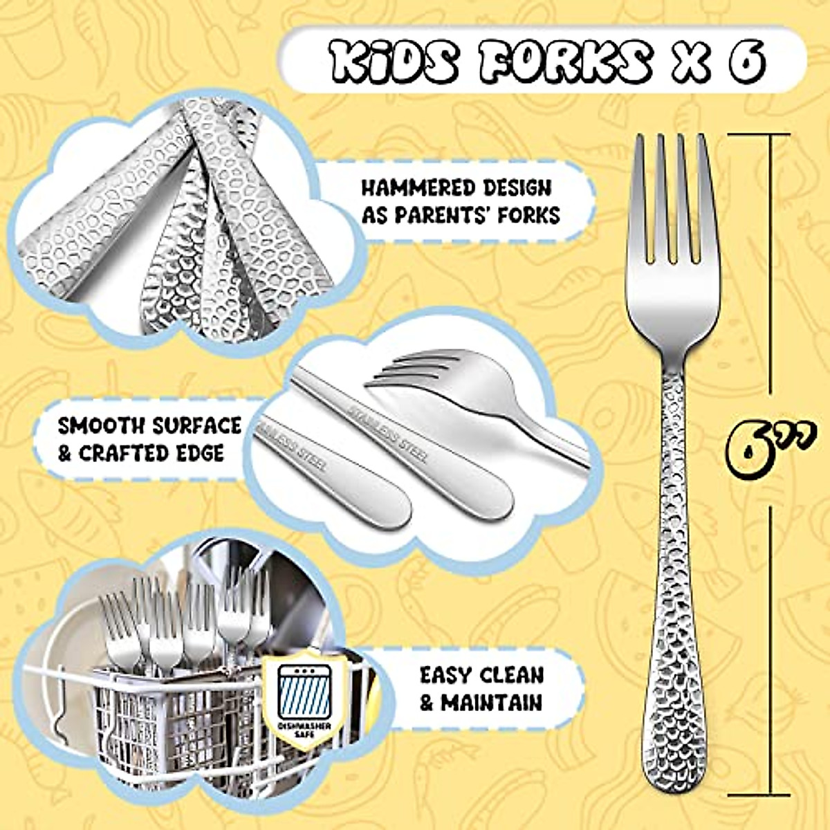 Stainless Steel Kids Forks, E-far 6-Piece Toddlers Forks Safe for Preschooler/Children, Hammered Adult look & Small Size, Rust Free & Dishwasher Safe