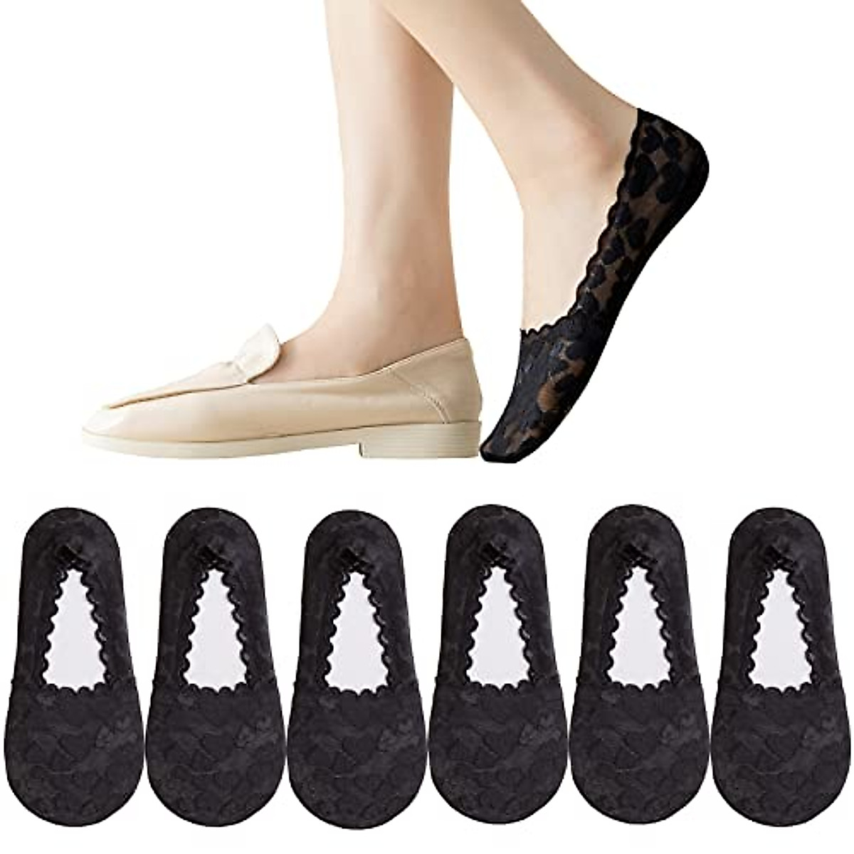 BIVOLU Womens Lace No Show Thin Socks Cute Heart Breathable Mesh Socks Non Slip Low Cut Invisible Socks for Women Girls 6 Pack Size 5-9