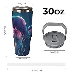 30oz Stainless Steel Insulated Tumbler with Flip Lid & Straw, Leakproof Travel Mug for Car, Color Jellyfish Double Wall Vacuum Thermal Coffee Cup with Handle, Spill-Proof Design for Hot/Cold Drinks