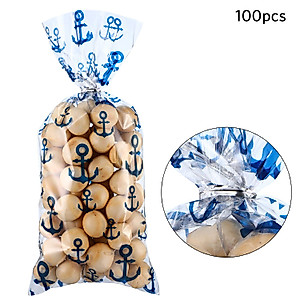 100 Pieces Nautical Anchors Party Bags Nautical Candy Cellophane Bags Heat Sealable Treat Bags with 100 Pieces Gift Twist Ties for Nautical Beach Decoration Themed Party(Blue, Red) (Blue)