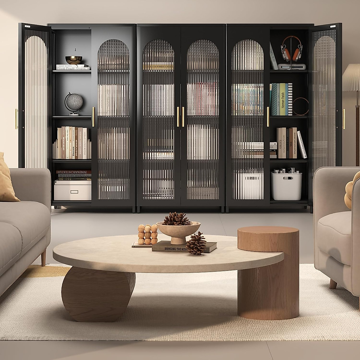 RpAosd 59" Metal Storage Cabinet with Glass Doors,Glass Display Cabinet for Living Room,Dining Room and Kitchen,Decorative Sideboard Buffet Cabinet with Glass Doors and Shelves (Black)