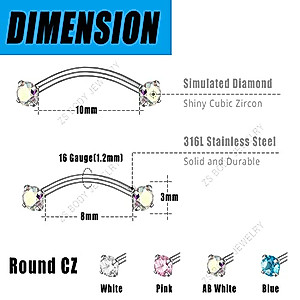 ZS 8PCS 16G Stainless Steel Cubic Zirconia Curved Barbell Eyebrow Ring Daith Earring Rook Piercing (Round, Barbell length:5/16"(8mm))