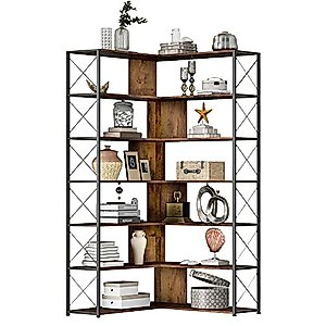 7-Tier Corner L-Shaped Bookcase Tall Bookshelf with Open Storage Industrial Etagere Shelf, Freestanding, Metal Frame, Brown