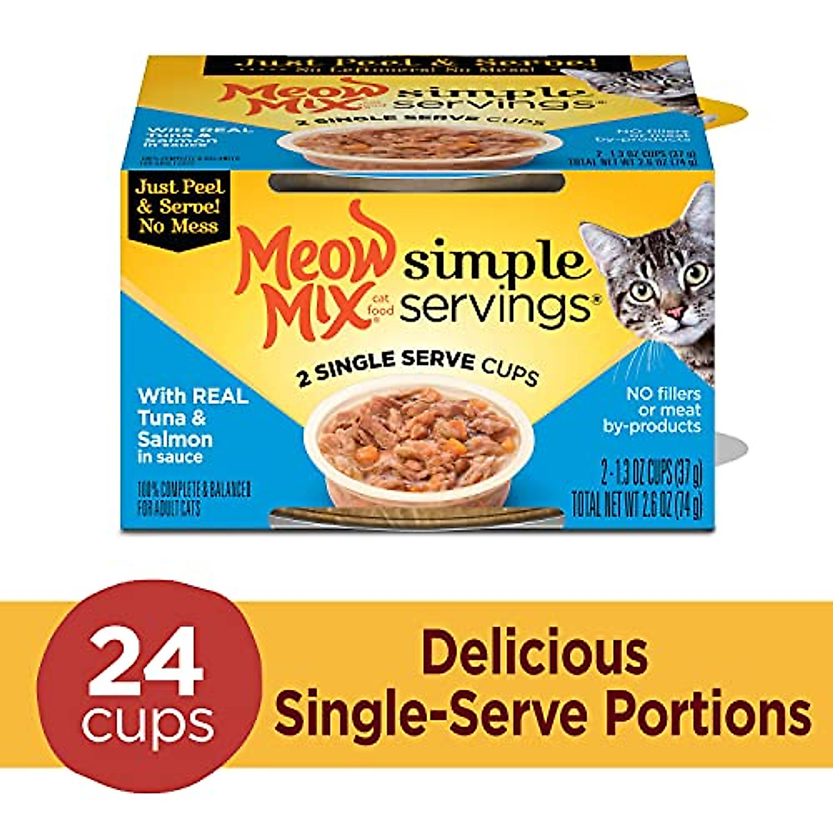 Meow Mix Simple Servings Wet Cat Food, Tuna & Salmon in Sauce, 1.3 Ounce Cup (Pack of 24)
