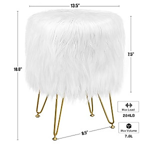 GREENSTELL Vanity Stool Chair with Storage, 13.5" W x 18" H Round Faux Fur Ottoman with 4 Metal Legs, Furry Padded Seat, Modern Multifunctional Makeup Stool for Bedroom Living Room White