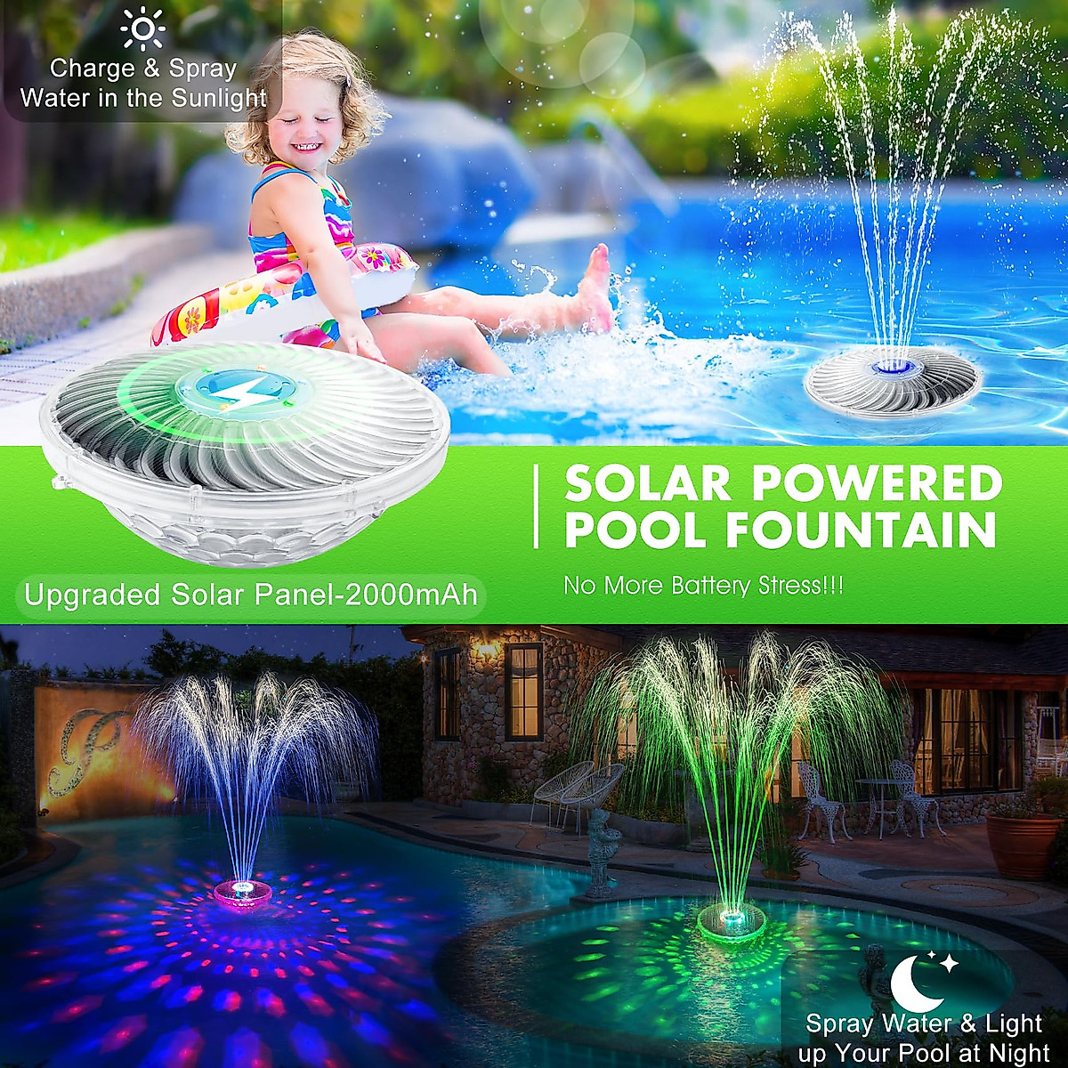 DeeprBetter Solar Pool Fountain with Light,2024 Upgrade High Efficiency Solar Powered Pool Water Fountain Pump,Floating Pool Fountain for Above Ground Pool Waterfall,Solar Pool Sprinkler Fountain Blue