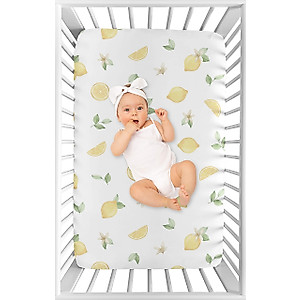Sweet Jojo Designs Lemon Floral Girl Fitted Mini Crib Sheet Baby Nursery For Portable Crib Pack and Play Yellow Green Beige White Watercolor Boho Bohemian Farmhouse Fruit Flower Blossom Botanical Leaf
