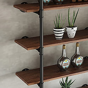 LBSLMJB Industrial Iron Pipe Shelving 5-Story Rustic Black DIY Open Pipe Shelves with Wood Planks Bookshelf, Wall Mount Hanging Steampunk Storage Office Room Kitchen Shelves