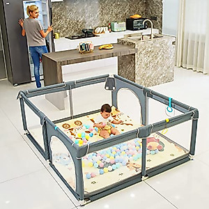 Baby Playpen,71"x59" Extra Large Baby Playard, Playpen for Babies with Gate, Indoor & Outdoor Kid Activity Center with Anti-Slip Base, Sturdy Safety Playpen with Soft Mesh, Playpen for Toddlers(Gray)