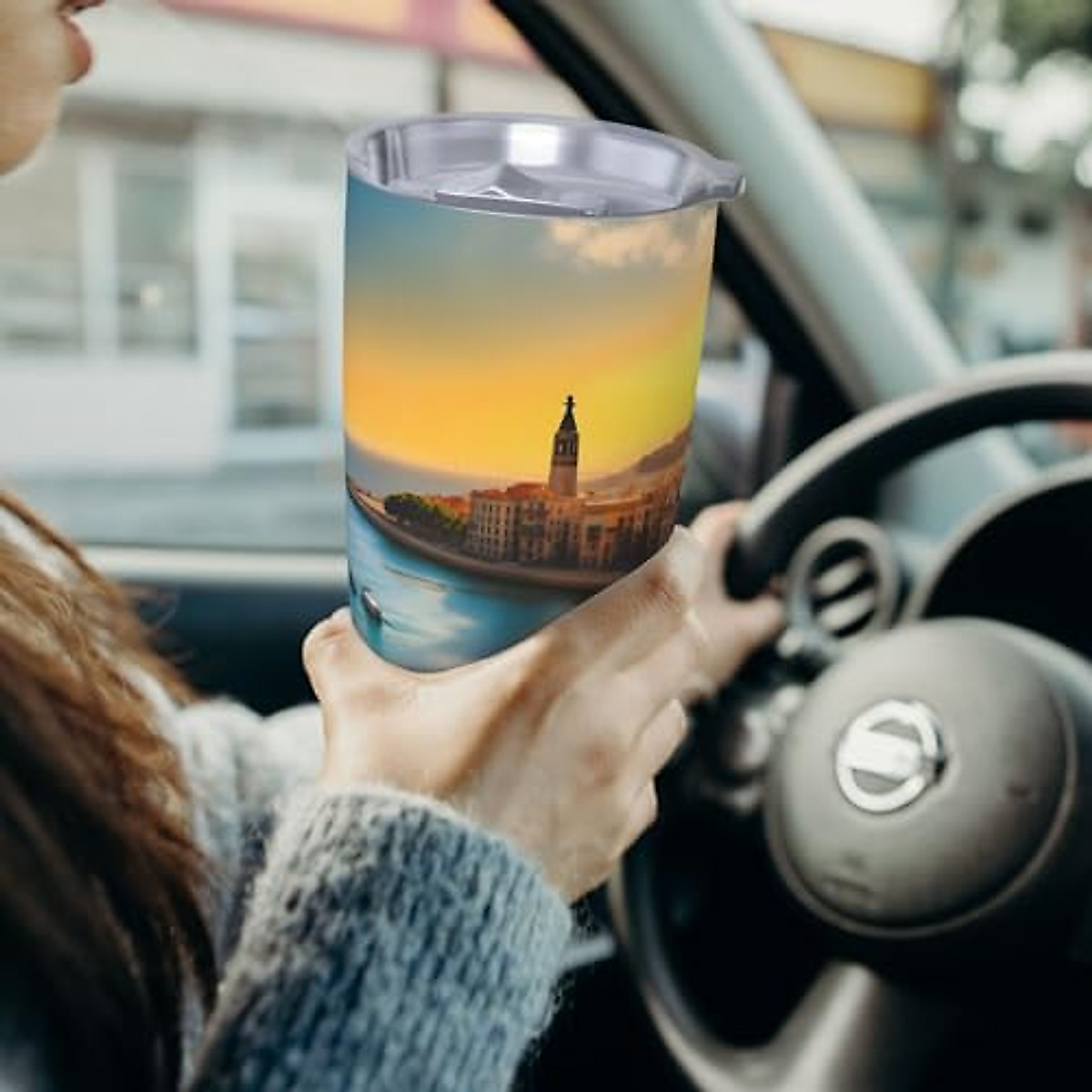 WXZYFP Car cup (single silver rim), can use a straw or drink directly, easy to use.Sunset in Barcelona