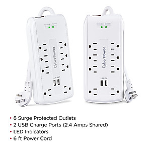 CyberPower CSP806U Professional Surge Protector, 3000J/125V, 15A, 8 Outlets, 2 USB Charging Ports, 6 Foot Cord, White