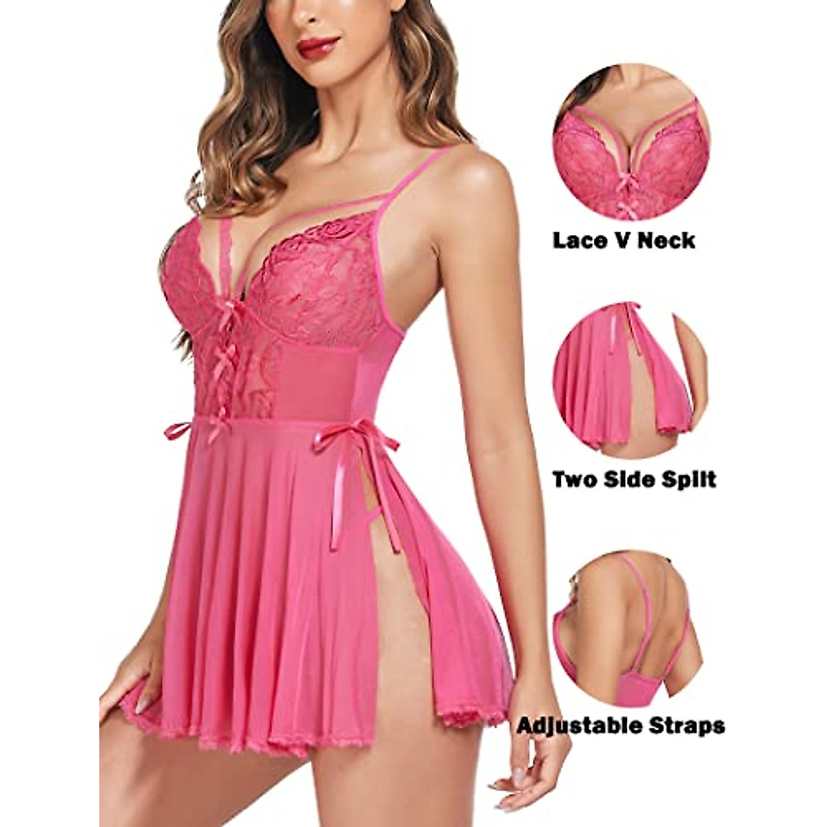 Avidlove Lace Lingrie Women V Neck Babydoll Strap Chemise Sexy Sleepwear Nighgown Side Spilt Nightwear Boudior Nighty Rose Red