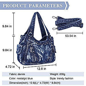 YeFine Washed Denim Fabric Hobo Bags For Women Rhinestone Decoration Lady's Purses And Handbags Shoulder Bags (Rhinestone Blue)