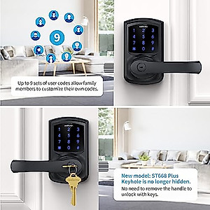Signstek Keyless Entry Door Lock,Digital Smartcode Lock for Front Door,Keypad with Handle and Security Key,Touchscreen,Easy Installation, Matte Black