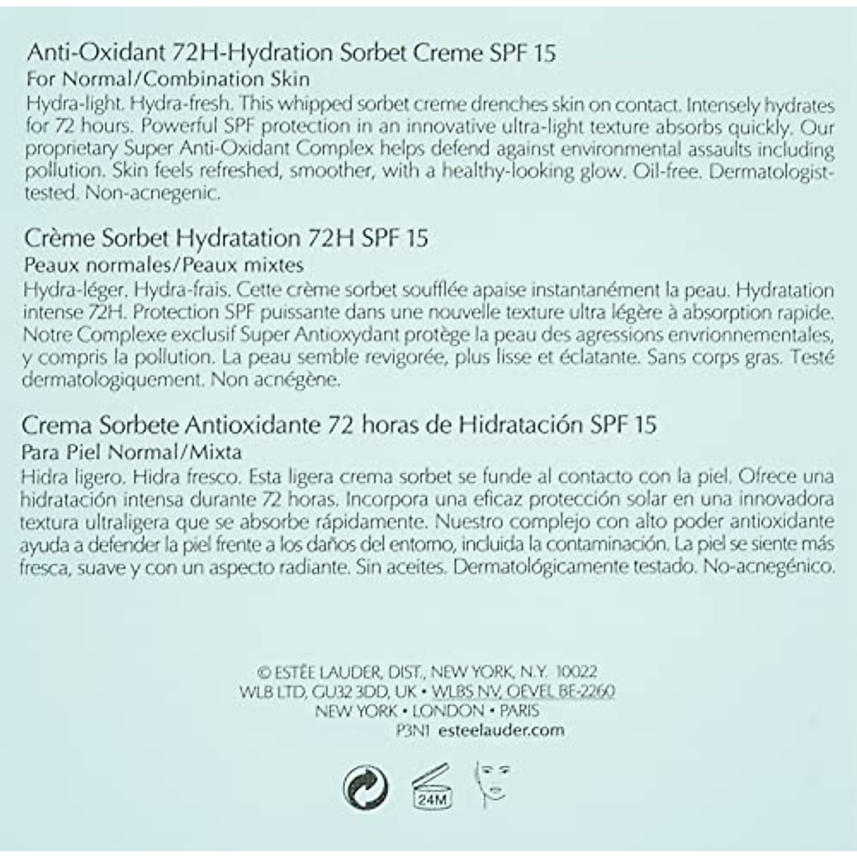 Estee Lauder DayWear Anti-Oxidant 72H-Hydration Sorbet Creme SPF 15 1.7 oz Unisex
