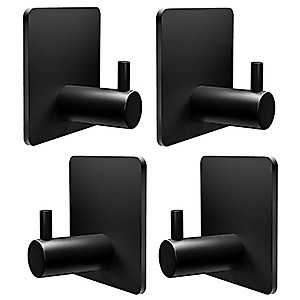 Adhesive Hooks Heavy Duty (4-Pack), Wall Hanging Hooks Hangers for Hat Keys Towel Robe Coats Bathrobes, Metal Sticky Black Wall Hook No Drill Easy to Mount in Bathroom Office Home Kitchen Closet