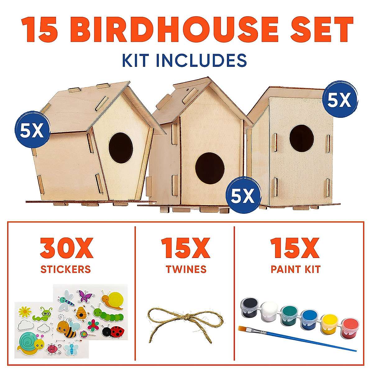 CRAFTY HAPPITOYS Birdhouse Kit - 15 Unfinished Wood Bird Houses for Children to Paint - Wood Craft Project Kits for Kids - Wooden Arts & Craft for Girls & Boys