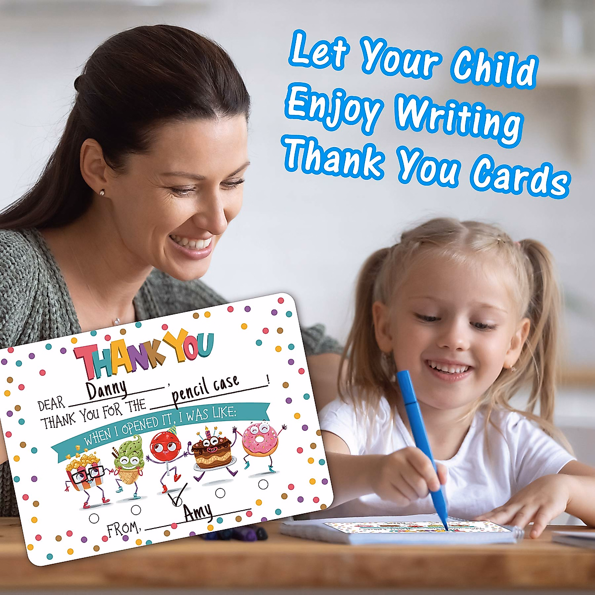 Gooji Kid’s Thank You Cards, 25 Pc. Postcards Set, Double-Sided Custom Cardstock with Fill in the Blank Messages for Birthday Party, Event, or Holiday Use, Stickers Included (Party Treats)