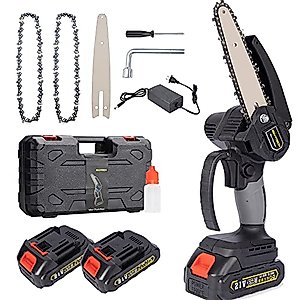 Mini Chainsaw 6 Inches Cordless Mini Chainsaw One Hand Held Electric Chainsaw Feature with Brushless Motor, 2 Packs of 21V Rechargeable Battery and Charger Included-Gray