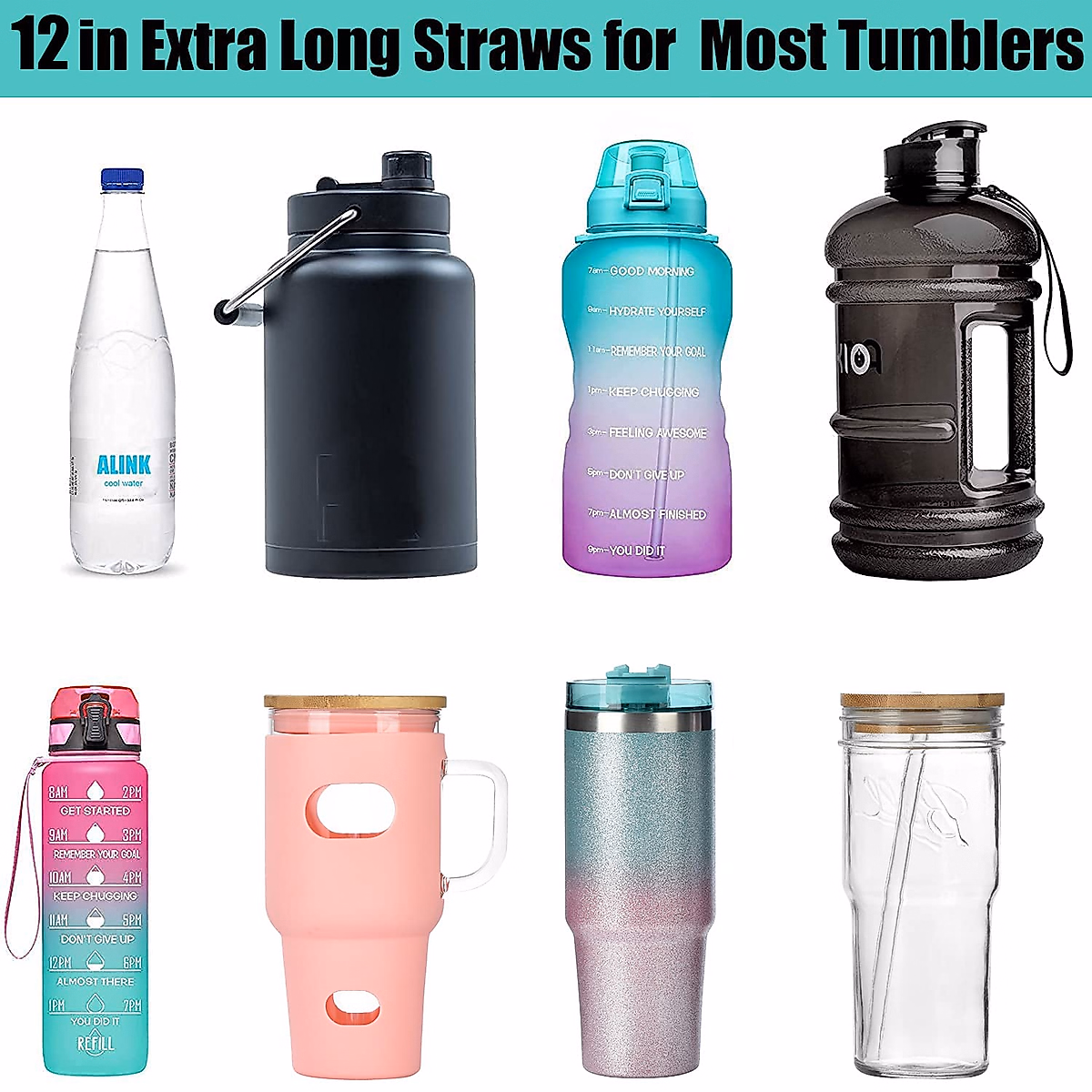 ALINK 12 Pack Color Replacement Straws for Stanley 40 oz 30 oz Tumbler, 12 in Long Reusable Plastic Straws for Stanley Cup Accessories, Half Gallon Jug, Plus 2 Brush